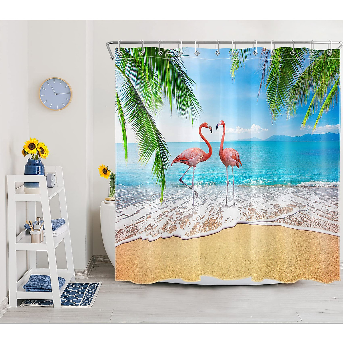 LB Summer Beach Theme Shower Curtain for Bathroom,Funny Flamingo and Blue Sky Ocean Fabric Shower Curtain with Hooks,Tropical Plant Palm Leaf Bathroom Curtains Shower Set, 72x72 inches