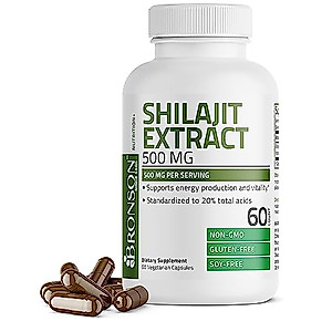 Bronson Shilajit Extract 500 MG Per Serving, Supports Energy Production & Vitality, Standardized to 20% Total Acids, Non-GMO, 60 Vegetarian Capsules