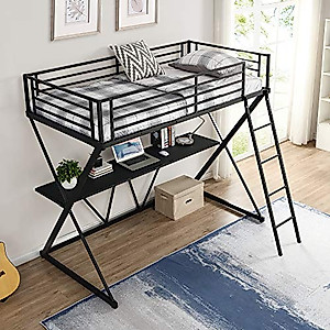 Twin Loft Bed with Desk, Loft Bed with Ladder and Full-Length Guardrails, X-Shaped Frame,Maximum Weight of 220 lb， Black（New）