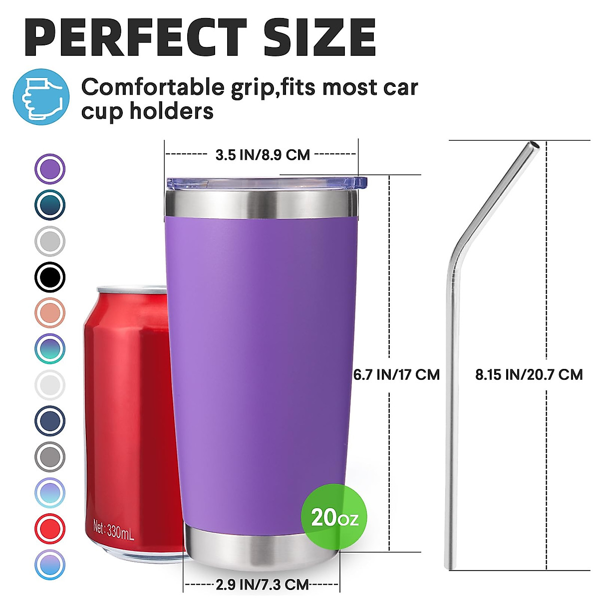 Volhoply 20oz Stainless Steel Tumbler with Lid and Straw,Double Wall Insulated Travel Iced Coffee Mug Fits Car Cup holder,Powder Coated Cups for Hot and Cold Drinks,Gifts for Women Men（Purple,1 Set）