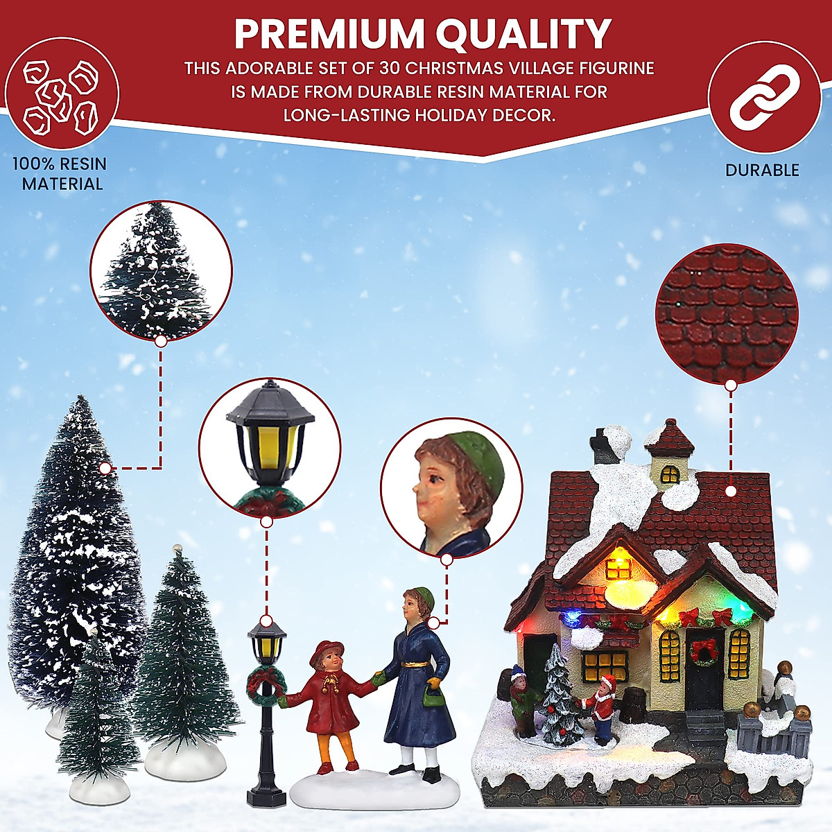 Christmas Village Figurines Decoration Set - Perfect Addition to Your Christmas Indoor Decorations & Snow Village Displays - A Thoughtful Gift for Your Loved Ones (30 Piece Christmas Village Set)