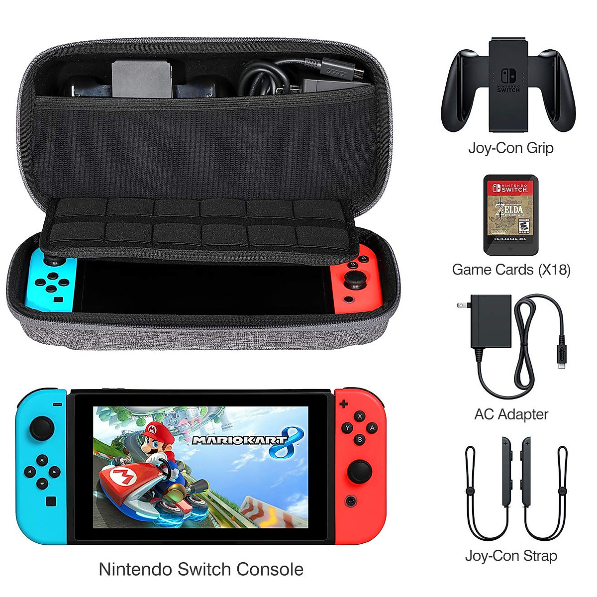 VUP Carrying Case Compatible with Nintendo Switch, Protective Hard Cover Storage Case, Portable Travel Carry Case for Accessories and 18 Game Cartridges, Gray