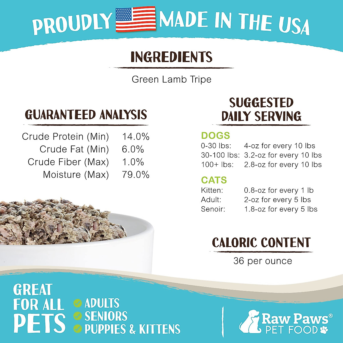 Raw Paws Signature Pet Food for Dogs & Cats - Green Lamb Tripe, 1-lb Rolls (20 Pack) - Fresh Pet Food Made in USA - Natural Dog Food Rolls - Raw Frozen Dog Food – Green Lamb Tripe for Dogs & Cats