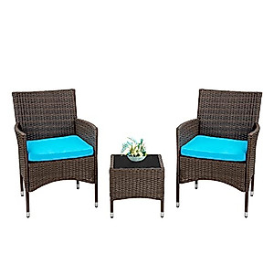 FDW Outdoor Patio Furniture Set，3 Pieces Wicker Bistro Set Outdoor Patio Set Rattan Chair Conversation Sets Patio Sofa Wicker Table Set for Yard Backyard Lawn Porch Poolside Balcony,Blue Cushion