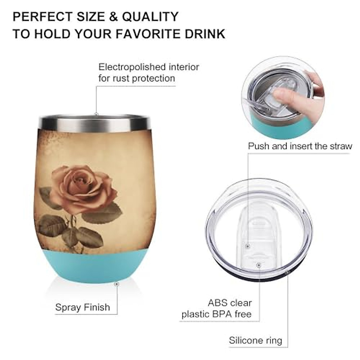 WYUSPGK 304 Stainless Steel Insulated Cup, Vintage Rose Print Smooth Rim, Durable & Reusable - Perfect for Office, Home, And Travel