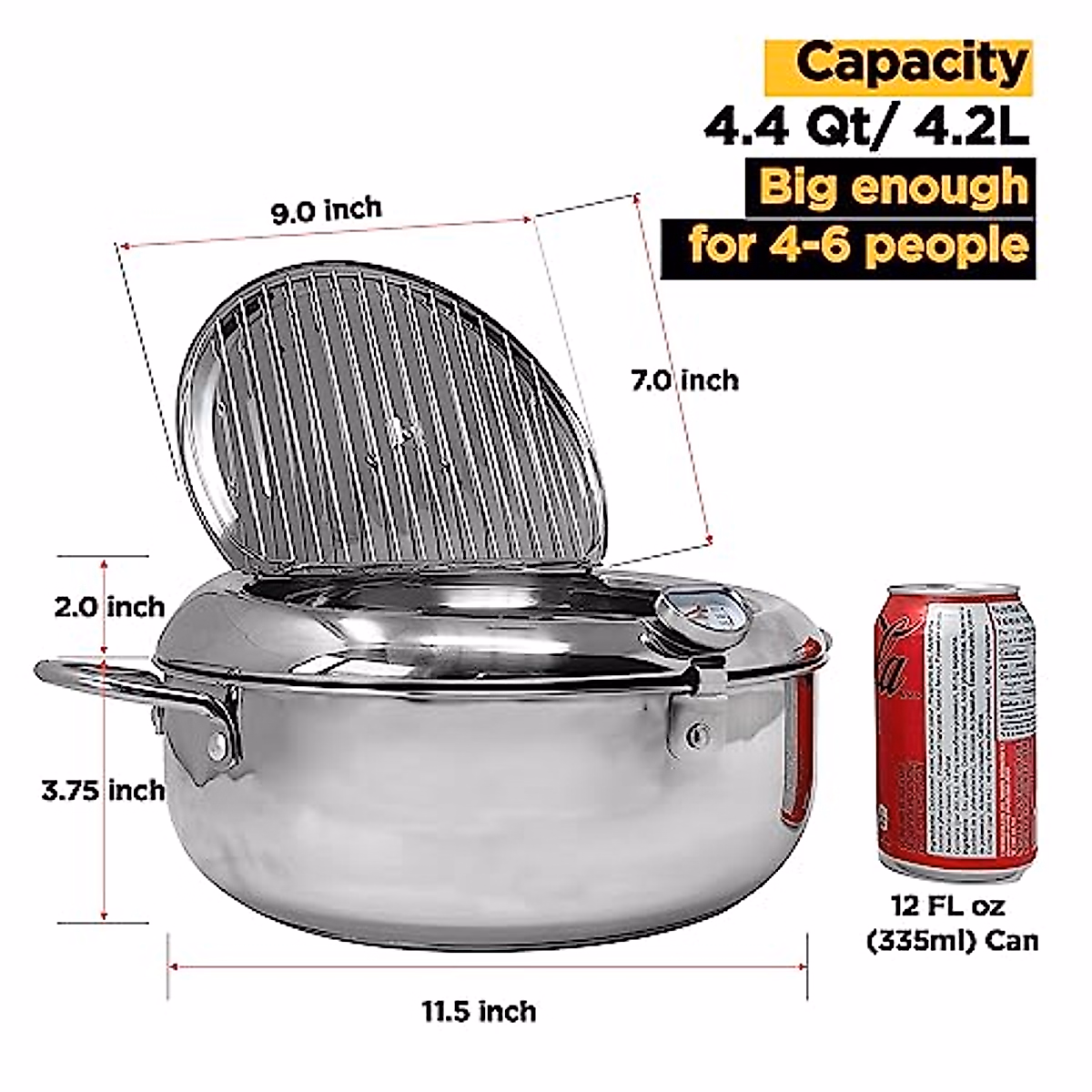 Saltlas Deep Fryer Pot (°F), 11"/4.4Qt (4.2 L) Extra Large Tempura Frying Pot with Lid, 304 Stainless Steel Fry Pot with Fahrenheit Temperature Control and Oil Drip Drain Rack