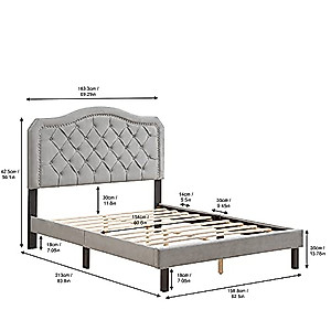HAUSHECK Upholstered Platform Bed Queen Size, Queen Bed Frame with Button Tufted Nailhead Trim Headboard, Wood Bed Frames for Kids, Teen & Adults, Wooden Slats Support, No Box Spring Needed