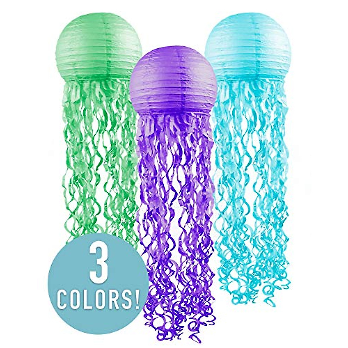 Jellyfish Paper Lanterns 3 Pack Purple Green and Blue Mermaid Under The Sea Ocean Birthday Party Decorations Supplies Easy Setup Room Décor
