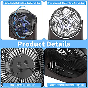 PELANZENHAU 8 inch Table Fan with Remote, USB Powered Desk Fan with RGB Light & Timer, 3 Strong Speeds & 360° Pivot Adjustable, Desktop Air Circulator Fan for Home Office Dorm RV Bedroom Travel
