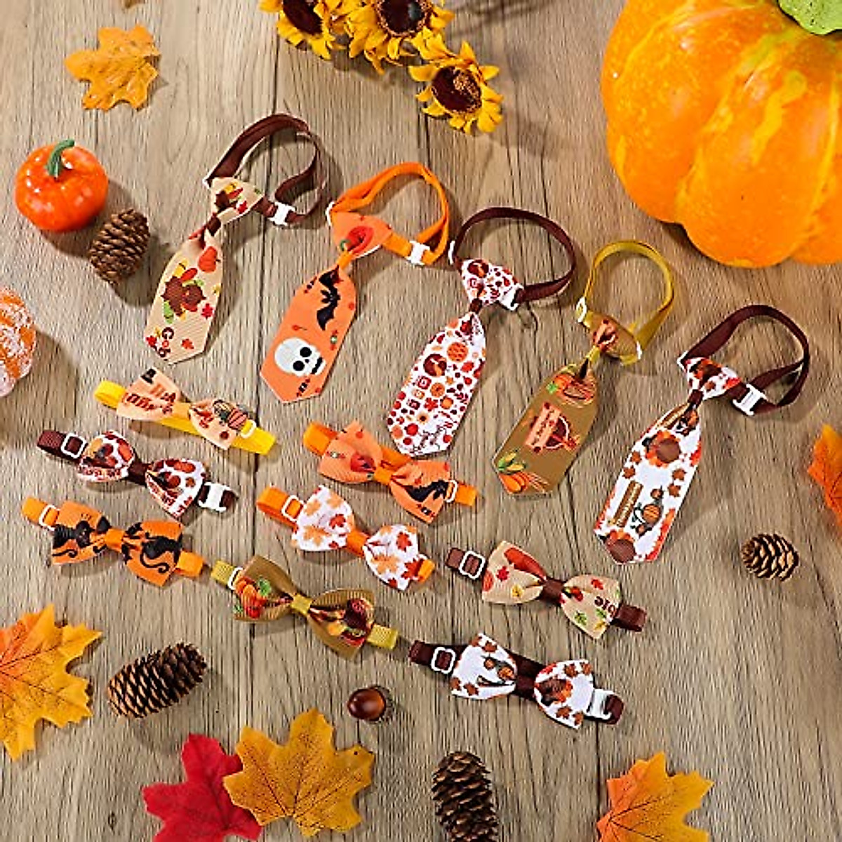 30 Pieces Fall Halloween Pet Tie Set Pumpkin Maple Leaf Dog Neckties Thanksgiving Turkey Cat Dog Bow Tie with Adjustable Collar for Pets Dogs Cats Fall Thanksgiving Halloween Party Supplies