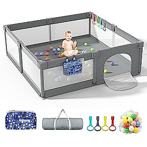 LUTIKIANG Baby Playpen, 79" X 71" Extra Large Playpen for Babies and Toddlers with Gates, Baby Play Yards, Baby Fence Play Area, Safety Indoor Baby Play Area with Ocean Balls (Grey)