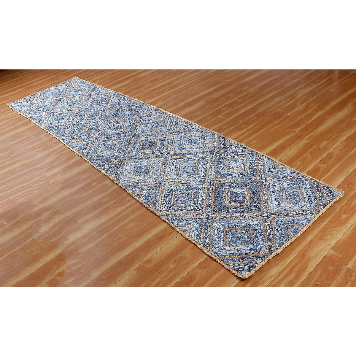 CASAVANI Indian Hand Braided Rag Rug Geometric Blue & Beige Cotton Chindi & Jute Rug Best Uses for Living Room,Hallway Runner Rug,Stair Runner Rug & Kitchen 2.6x8 2.6x10 8x11 Feet