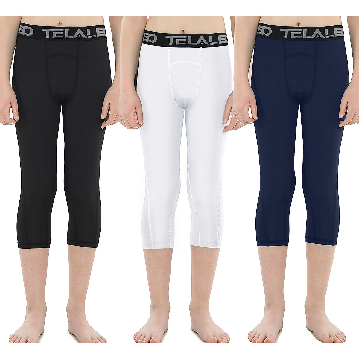 TELALEO 3/4 Boys Youth Compression Leggings Tights Base Layer Sports Running Capris Kids for Workout Training 3PACK M