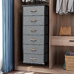 Crestlive Products Vertical Dresser Storage Tower - Sturdy Steel Frame, Wood Top, Easy Pull Fabric Bins, Wood Handles - Organizer Unit for Bedroom, Hallway, Entryway, Closets - 6 Drawers (Black&Gray)