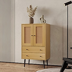 Angel Sar Soft Close Accent Cabinet, Buffet Sideboard Cabinet with 2 Drawers, Rattan Decorated Door, Adjustable Shelves, Dresser, Storage Cabinet for Dining, Living, Bedroom, Hallway