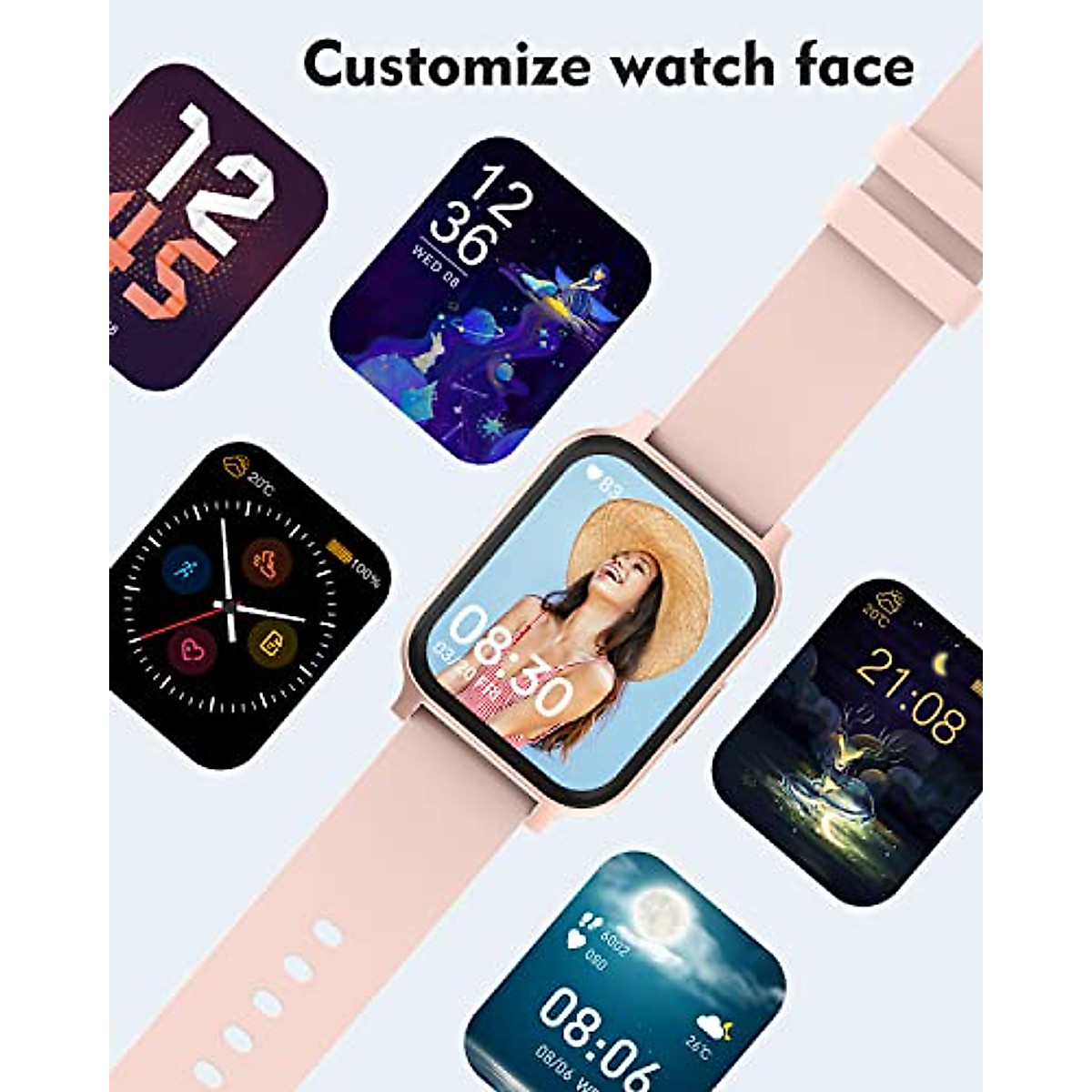 Cloudpoem Smart Watches for Women Men IP68 Waterproof, 1.7in Smartwatch Compatible with iPhone Android Phones, Reloj para Mujer Hombre Digital Watch Fitness Tracker with Heart Rate Monitor Pink Gold