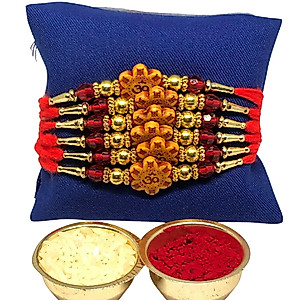 KHANDEKAR Set of 6 Pc OM with Swastik Pendant Rakhi for Brother Bhaiya Bhabhi Traditional Handmade Premium Quality Designer Rakhi Set with Roli Chawal, Rakhi Thread Rakhdi Bracelets