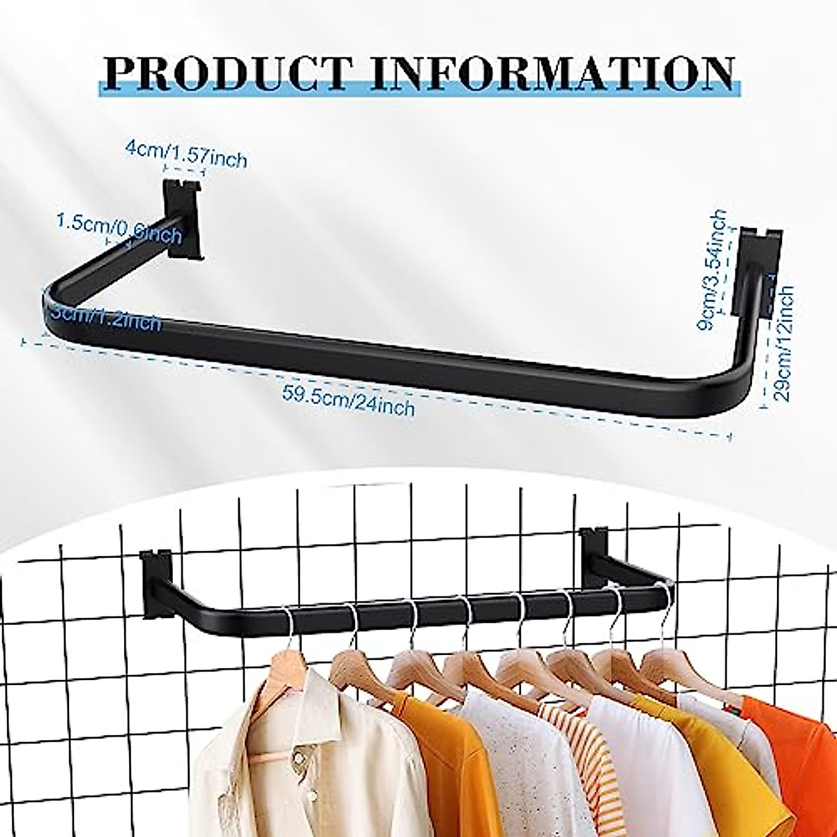 2 Pack Gridwall U-Shaped Hangrail Grid Wall Tubing Handrail 24 Inch Wide Black Metal Handrail for Grid Wall Retail Displays Bracket Clothing Rack Home Use (2, Black)