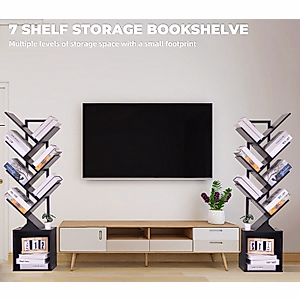 YSVCO 7 Tier Tree Bookshelf, Tall Narrow Wood Book Shelf, Freestanding Bookcase with Storage Cabinet, Floor Standing Display Storage Shelf for CD/Book, Living Room, Home Office Black BS36BS