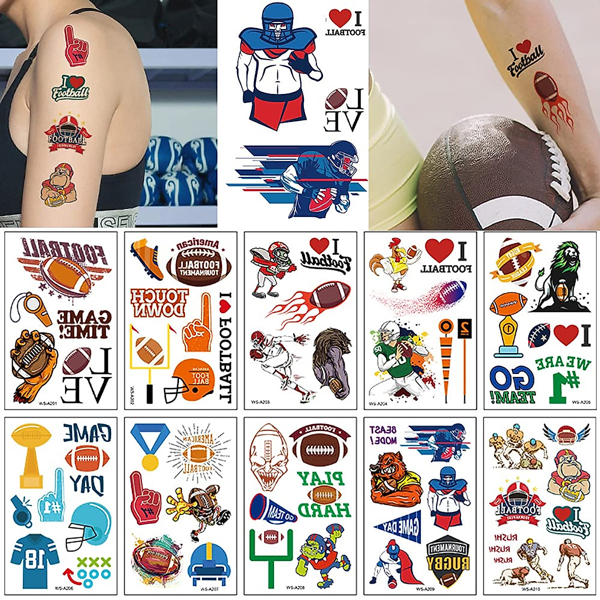 Temporary Tattoo, 60pcs Fake Tattoos Designs, Waterproof Body Art Stickers, Fan Games Event Tattoo Decorations, Party Favors Scholl Reward Prizes Supplies for Boys Girls Women Men 10 Sheets Football