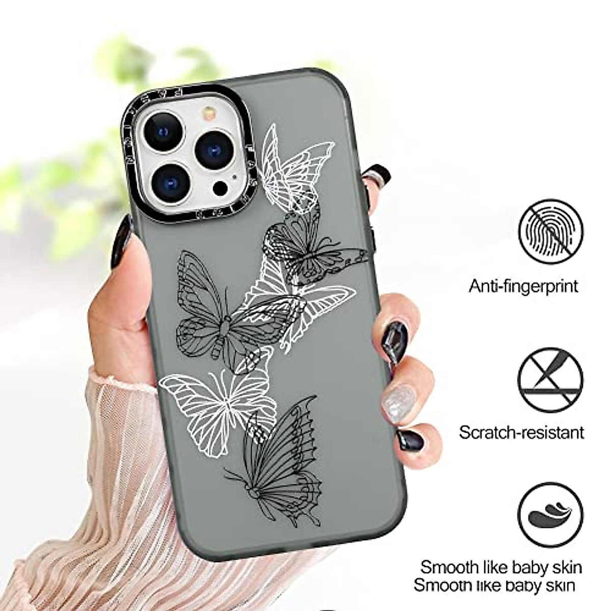 Mophinda for iPhone 13 Pro 6.1''2021 Translucent Matte Soft Phone Case, Cute Black and White Butterfly Printing (Screen Tempered Film X1) Suitable for Girls Ladies Boys Men（Black Base Color）