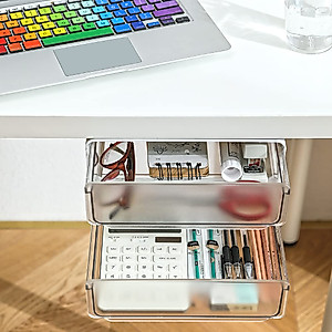 submatches Under Desk Drawer Organizer Slide Out, Hidden Self- adhesive Under Desk Storage Drawer with 2 Layers, Add a Drawer Under Table Storage Pencil Drawer for Office/Classroom/Home, White