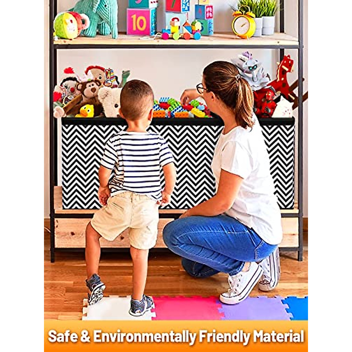 Large Toy Chest with Dustproof Lid- 39.4" × 14.4”× 15.7" Non-woven Fabric Kids Toy Box, Collapsible Toy Storage Bins with 2 Dividers & Handles for Boys Girls Playroom Nursery Room Bedroom Closet