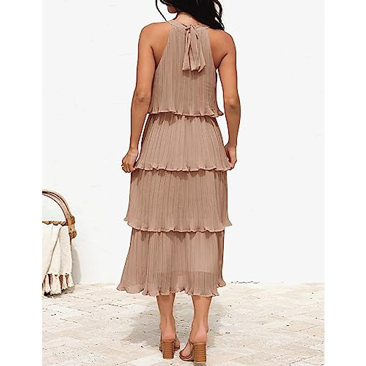 ZESICA Women's 2023 Summer Sleeveless Halter Neck Ruffle Tiered Layed Chiffon Flowy Swing Long Midi Dress,Khaki,Large