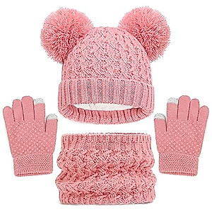 Enwokran Kids Winter Knit Beanie Hat Scarf and Touchscreen Gloves Set,Fleece Lining Beanie Hat with Cute Pom Knit Gloves Neck Warmer for Girls Boys 2-8 Years Old (Deep Pink2)