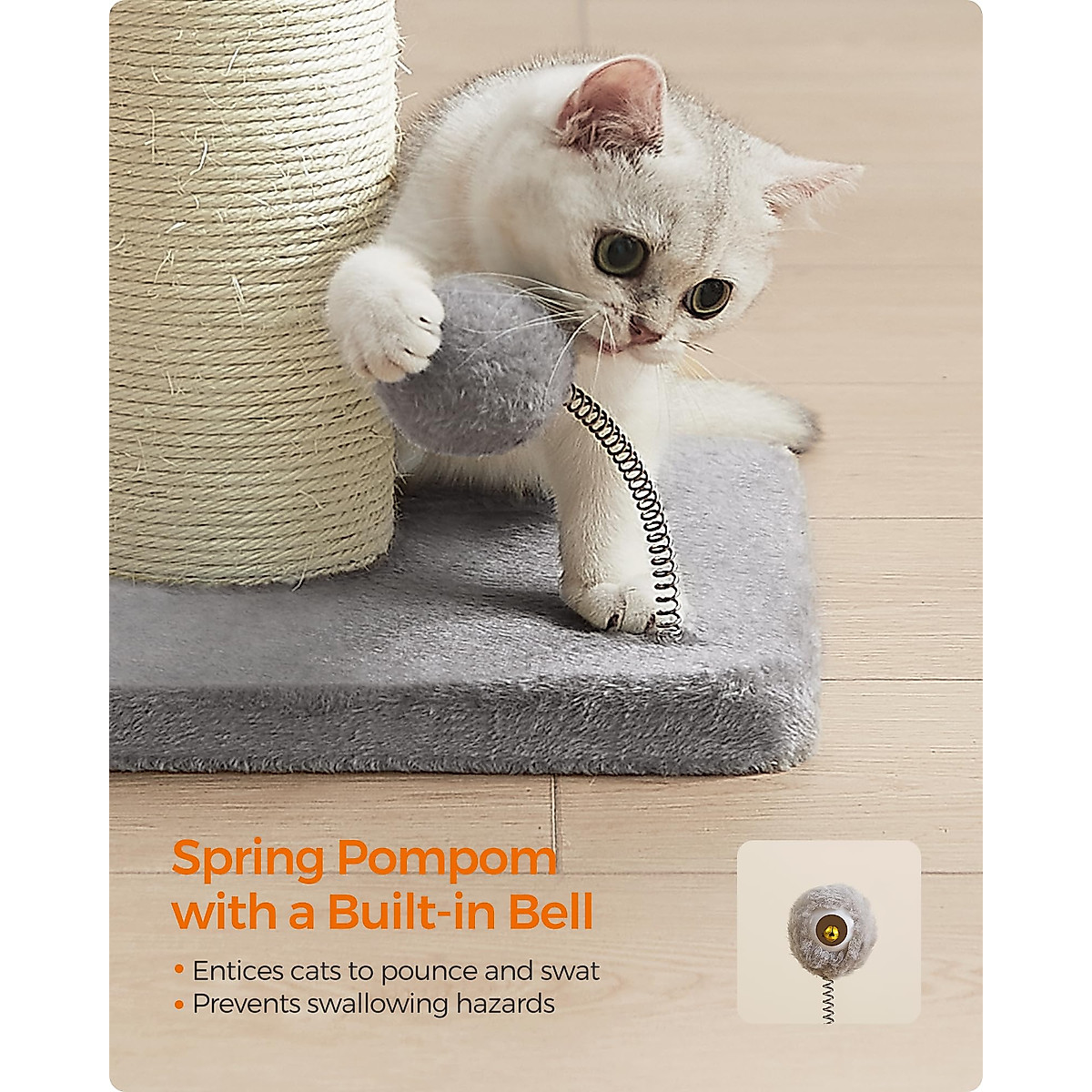 Feandrea Cat Scratching Post, 20.8-Inch Tall Cat Scratcher for Kittens, Small and Medium Cats, Sisal Scratch Pole, Spring Pompom with Built-in Bell, Dove Gray UPCA023G01