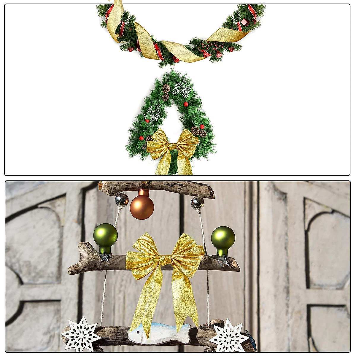 2 Rolls 20 Yards Christmas Ribbon Metallic Glitter Ribbon Wired Edge Decorative Fabric Ribbons for Party Wrapping Home Decorations Wedding Birthday DIY Crafts 2.5 Inch (Gold)