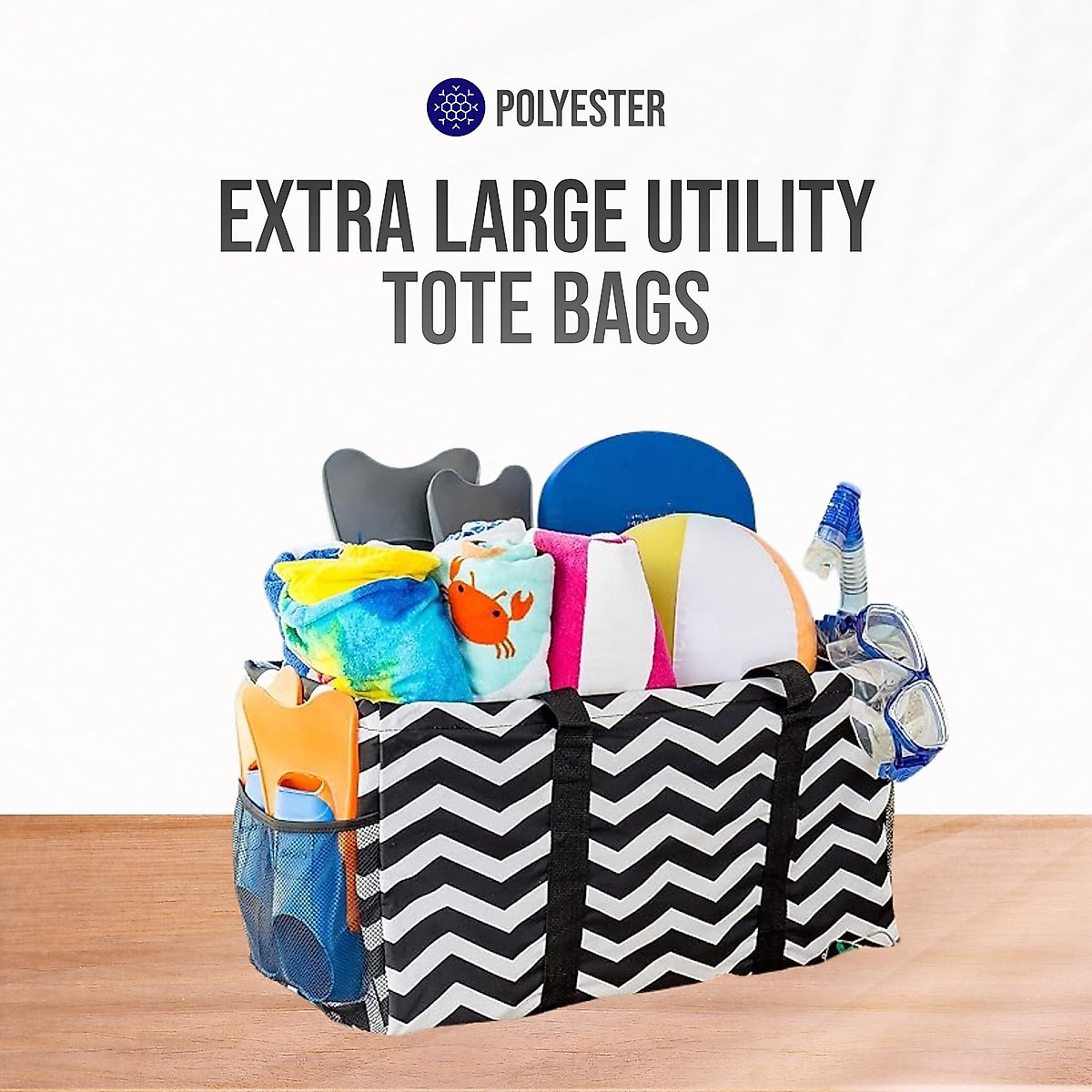 Lucazzi Extra Large Utility Tote Bag - Oversized Collapsible Reusable Wire Frame Rectangular Canvas Basket With Two Exterior Pockets For Beach, Pool, Laundry, Car Trunk, Storage - Chevron Black