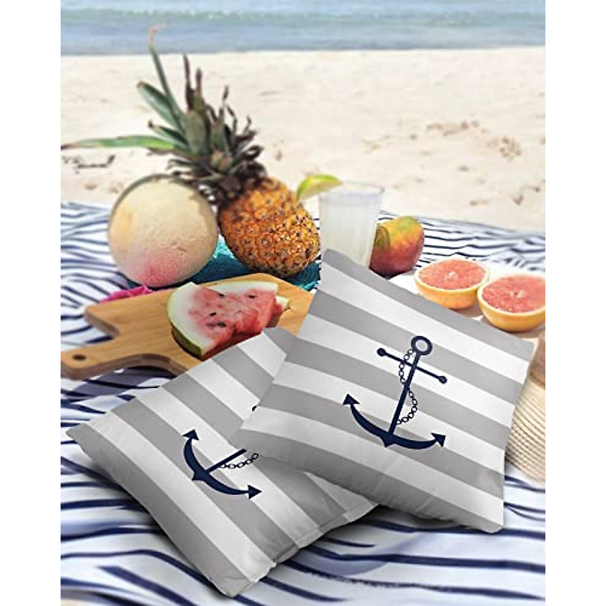 Outdoor Waterproof Throw Pillow Covers 2 Pack Square Pillowcases Grey White Stripes Anchor Pillow Protectors Decorative Cushion Cases for Patio,Garden,20x20 Inch