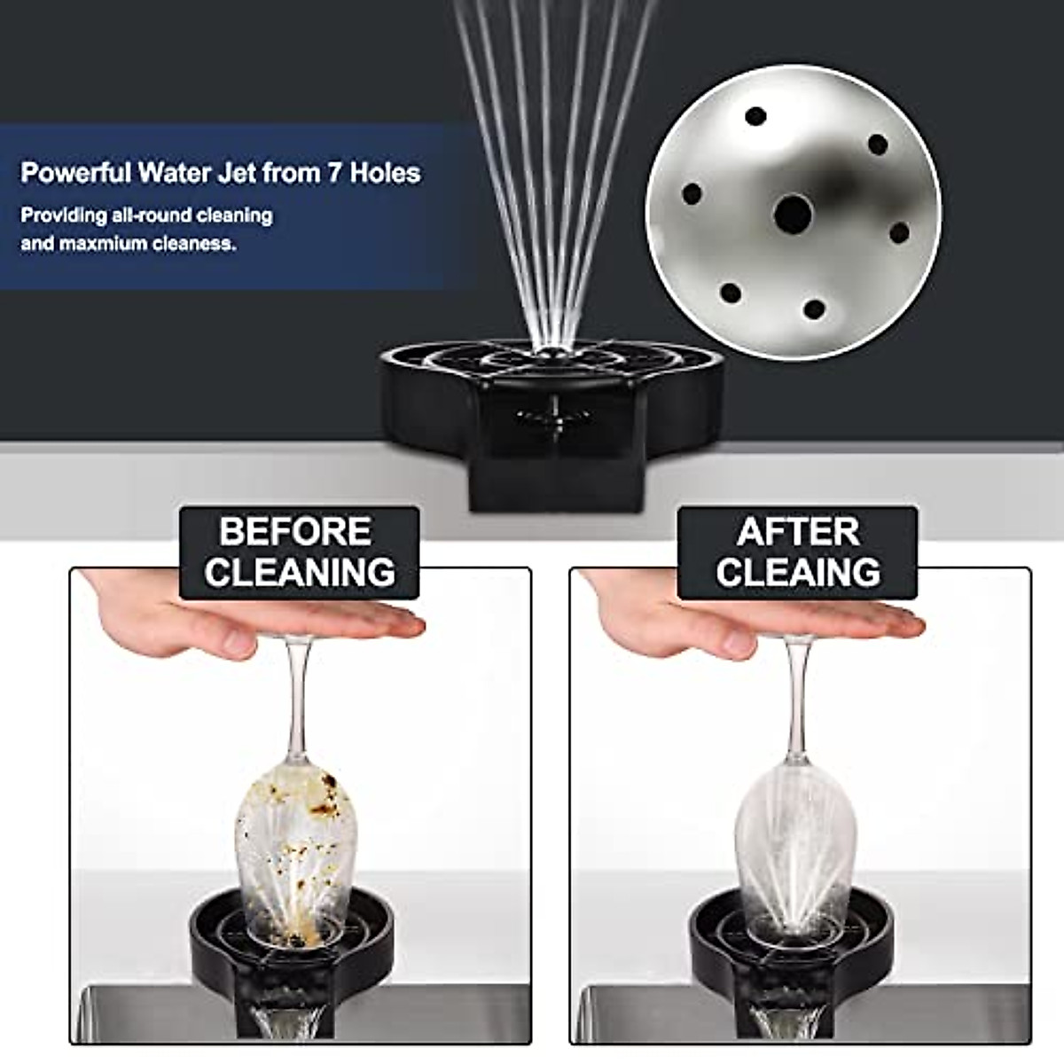 Glass Rinser, Faucet Bottle Washer for Kitchen Sinks,7 Sprayer Holes, 360°Cleaning for Baby Bottle,Bar Glass Rinser, Kitchen Sink Automatic Flushing Device (Matte Black)