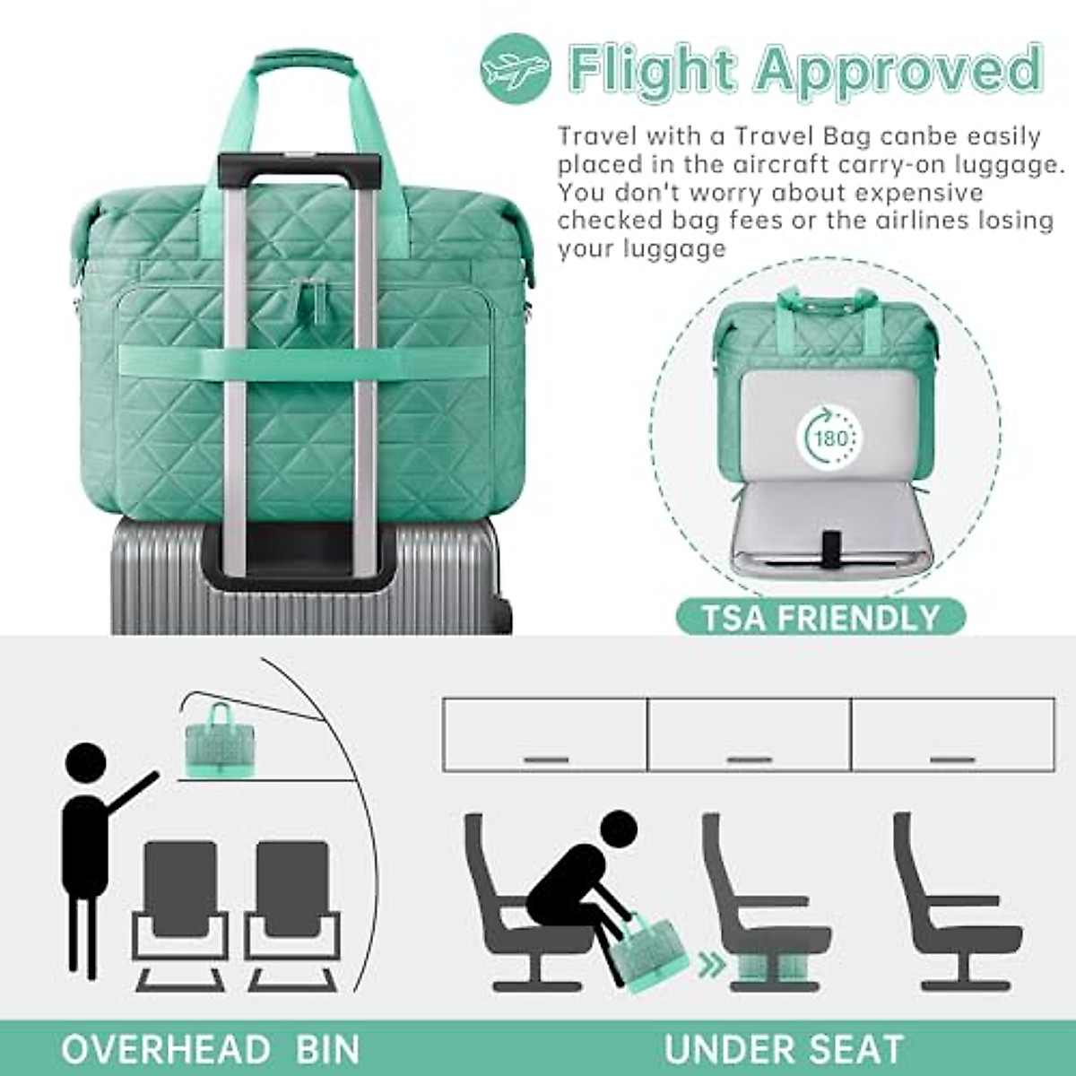 ETRONIK Weekender Bag for Women with 17 inch Laptop Compartment, 44L Travel Duffle Bag with Shoe Compartment & Wet Pocket, Carry on Overnight Bag with Toiletry Bag for Travel, Hospital, Sports, Green