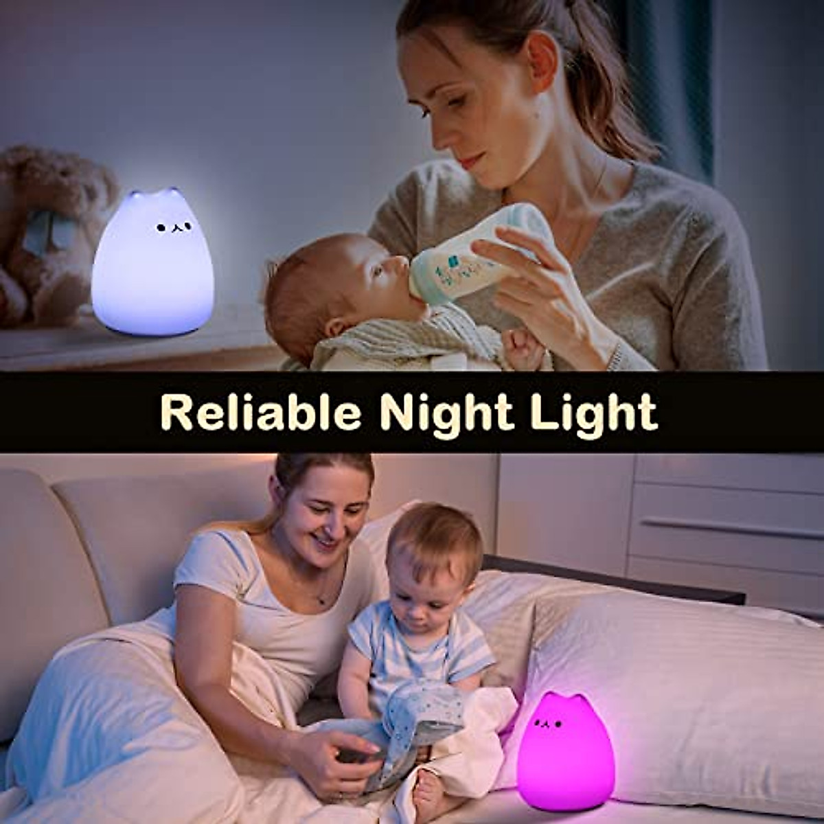 Litake Cat Night Light for Kids, Battery Powered Cat Lamp with Tail, Warm White and 9-Color Changing LED Silicone Cute Nursery Lights for Baby Kids Girl Room