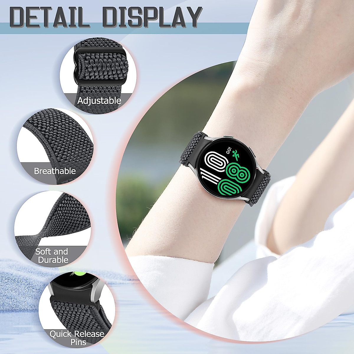 VNDAPT Elastic Bands Compatible with Samsung Galaxy Watch 5/4/6 40mm 44mm, Galaxy Watch 6 Classic 43mm 47mm, Galaxy Watch 5 Pro 45mm, Galaxy Watch 4 Classic 46mm 42mm, Adjustable Nylon Sport Straps