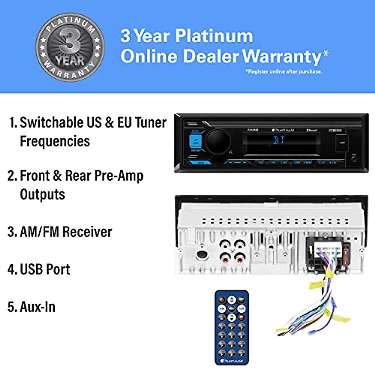 Planet Audio P350MB Car Audio Stereo System - Single Din, Bluetooth Audio and Calling Head Unit, MP3, USB Audio, USB Charging, AUX Input, AM/FM Radio Receiver, No CD Player, Hook Up to Amplifier