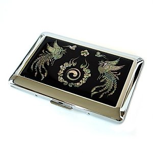Mother of Pearl Phoenix Yin Yang Design Black Engraved Metal Stainless Steel Cigarette Holder Case Storage Box