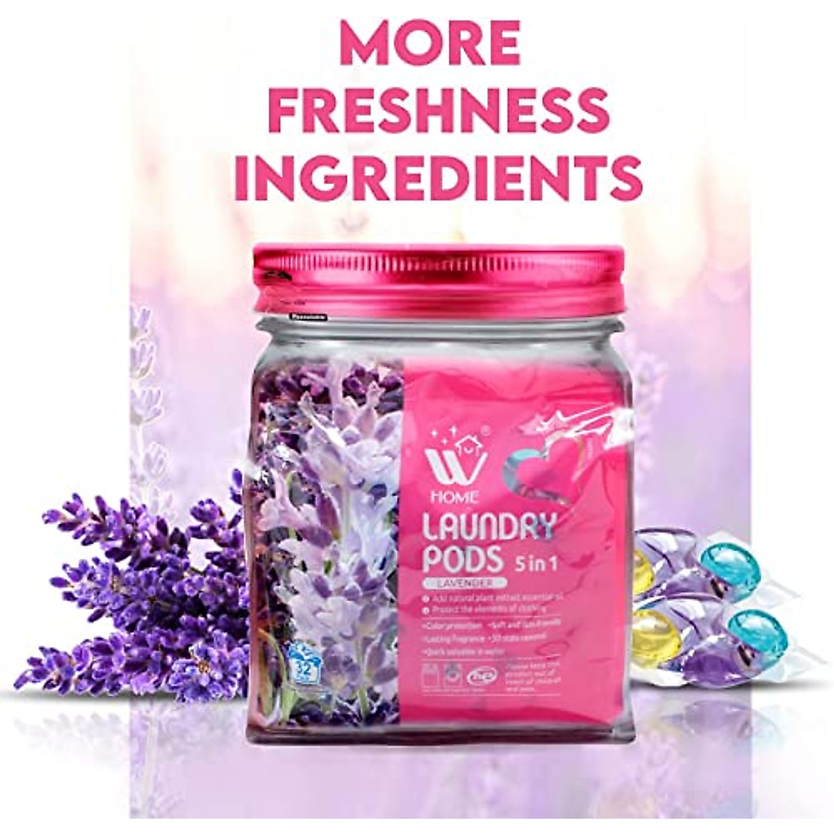 5-in-1 Laundry Pods, Total 128 Count, High Efficiency (HE), Ultra Concentrate with Powerful Stain Lifter Technology, Fabric Softener With Lavender Extracts, Detergent Pods, 32 Count/Each – Pack of 4