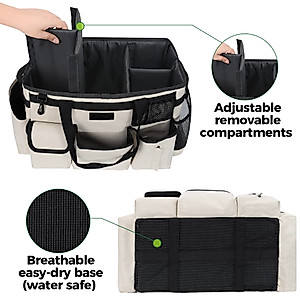 Cleaning Caddy Organizer with Handle - Large Caddy Bag for House & Bathroom Cleaning Supplies, 15 x 8 x 10.5 inches Cleaning Supply Caddy, Housekeeping Tote with Adjustable Strap - Beige