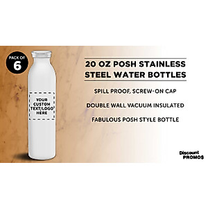 DISCOUNT PROMOS Custom Posh Stainless Steel Water Bottles 20 oz. Set of 6, Personalized Bulk Pack - Double Wall, Perfect for Coffee, Soda, Other Hot & Cold Beverages - White