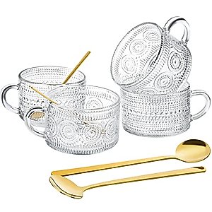 4 Pcs Vintage Glass Coffee Mugs 14 Oz Clear Embossed Tea Cups with 4 Pcs Spoons Stackable Drinking Glasses for Cappuccino Water Milk Yogurt Beverage Gift for Family and Friends