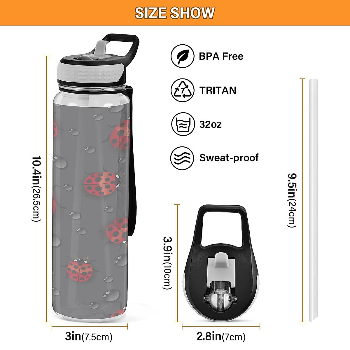 xigua Ladybug Water Bottle with Straw Lid,32 oz Leakproof Sport Water Bottle with Wide Handle for Gym,Cycling,School,Travel