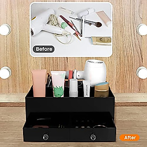 Keep-IT-Sleek Hair Tool Organizer with 2 Drawers & a Silicone Mat, Black Acrylic Blow Dryer Holder for Bathroom, Countertop, & Vanity with 3 Heatproof Steel Cups