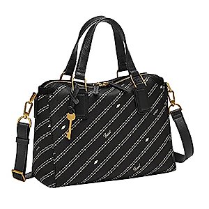 Fossil Women's Jacqueline Faux Leather Satchel Purse Handbag, Black/Bone Signature Print (Model: ZB1574104)