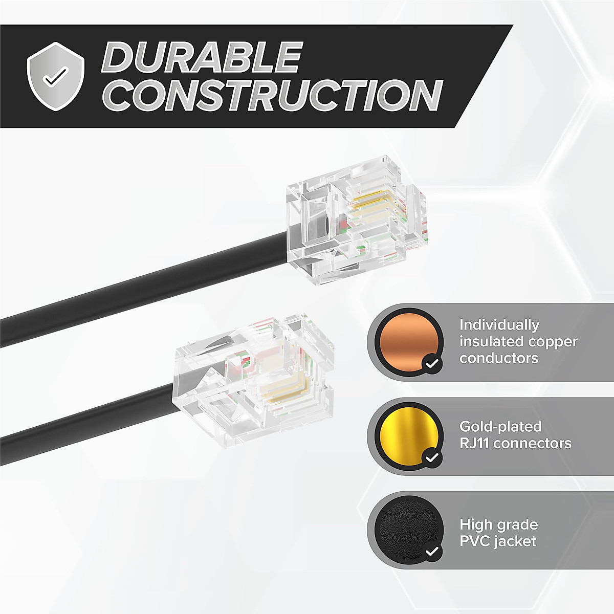 THE CIMPLE CO Phone Line Cord 50 Feet - Modular Telephone Extension Cord 50 Feet - 2 Conductor (2 pin, 1 line) Cable - Works Great with FAX, AIO, and Other Machines - Black
