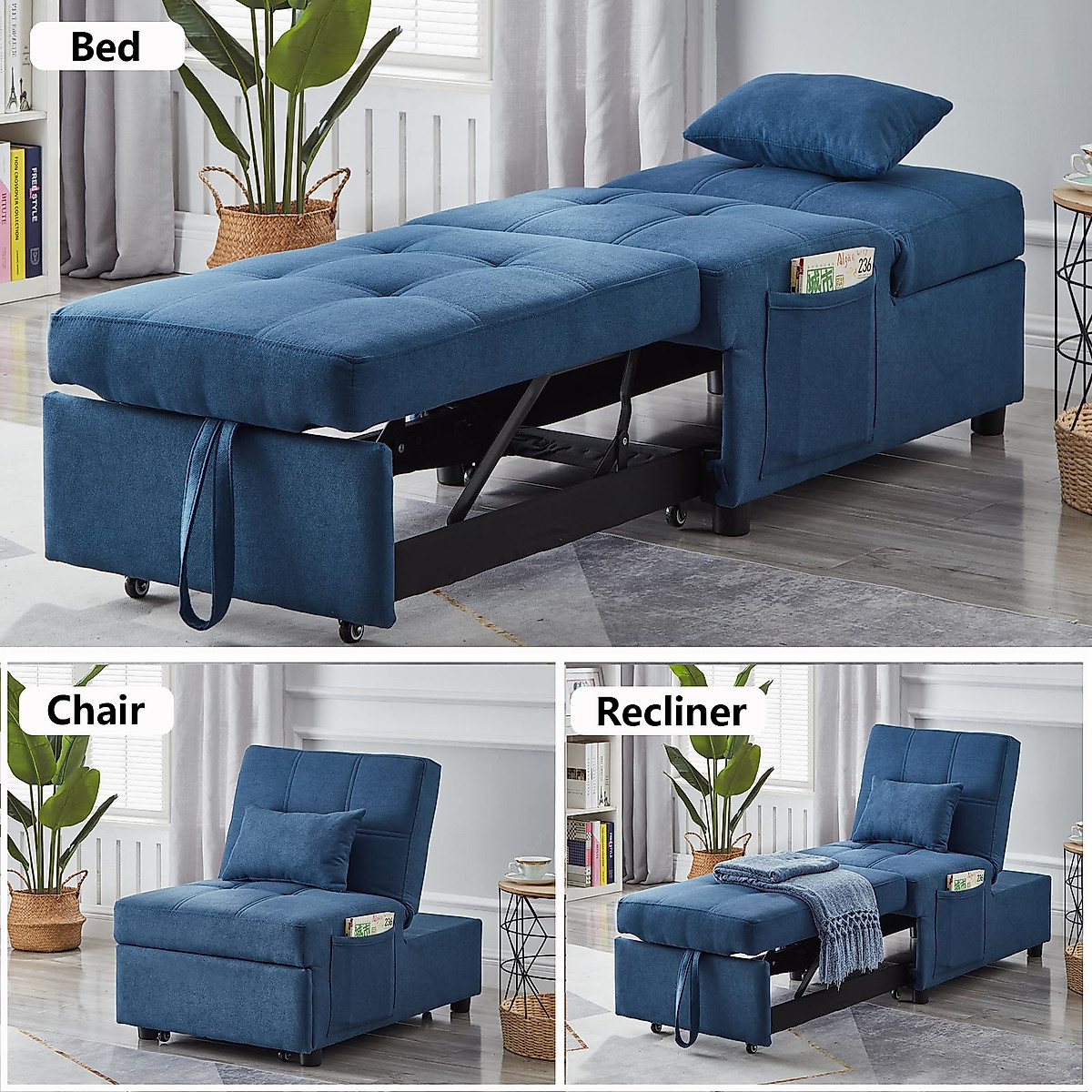 Convertible Sleeper Sofa Chair Bed, 3 in 1 Sleeper Chair Bed Ottoman with Adjustable Backrest, Pull Out Chair Bed with Pillow and Pocket, Sleeper Chair for Living Room, Apartment, Office (Blue)