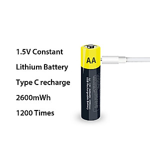 QUBAI Type-C Lithium Rechargeable Batteries AA, 1.5V USB Li-Ion AA Battery, Rechargeable, 2600mWh with Type C Charging Cable, Quick Charge in 2 Hours, (Pack of 4) (4AA)