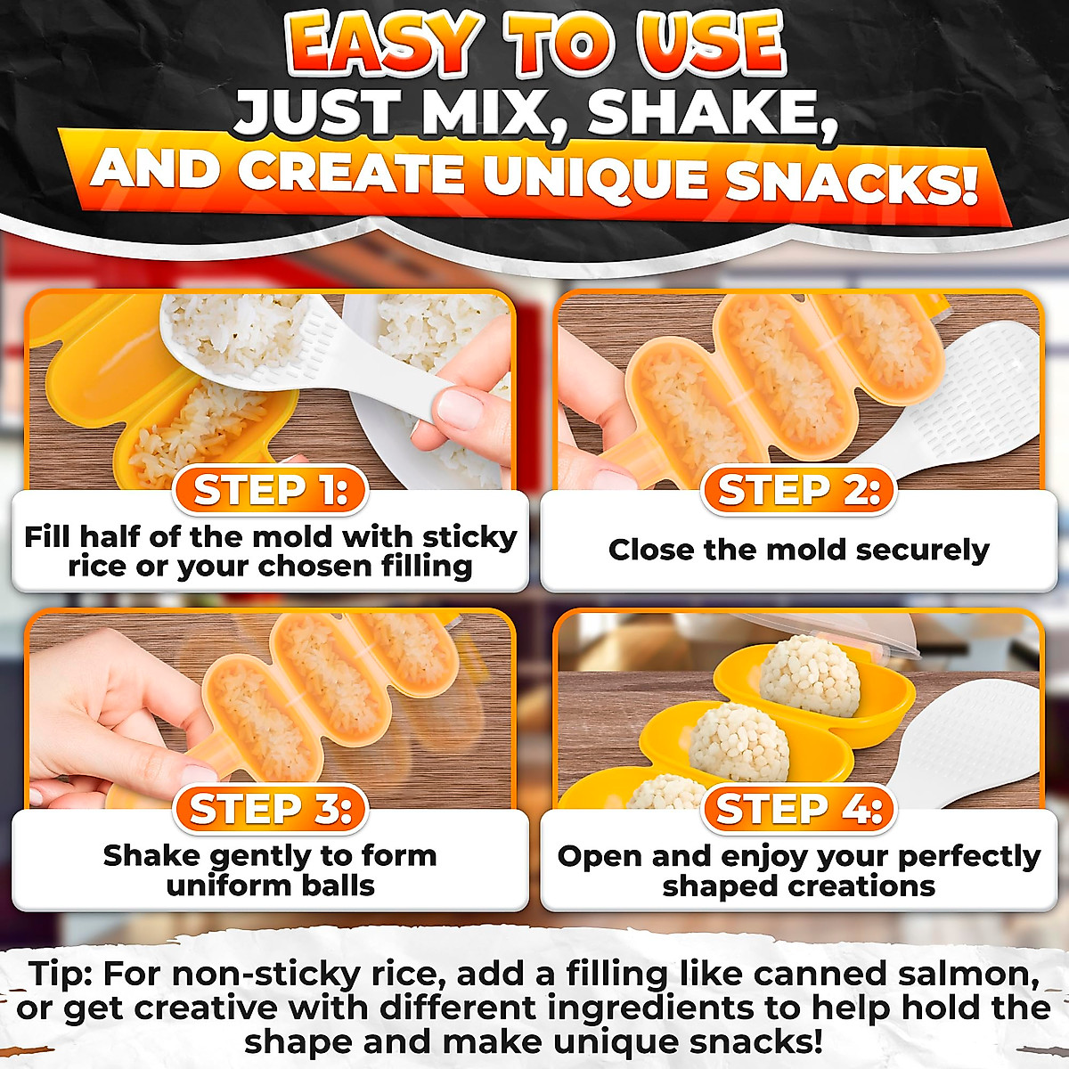 Rice Ball Mold with Spatula - DIY Sticky Rice Molds Large Ball Mold Kitchen Tool Rice Ball Maker Shake with Mini Rice Scoop - Rice Roll Shaker Ball Maker Rice Ball Maker Shake for Kids